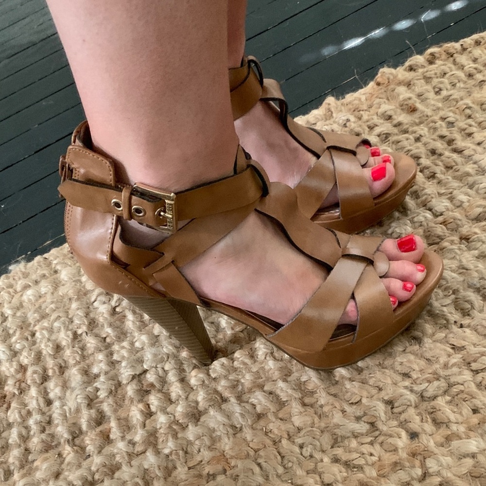 Guess Strappy Tan Leather High Heel Wedges - Gem